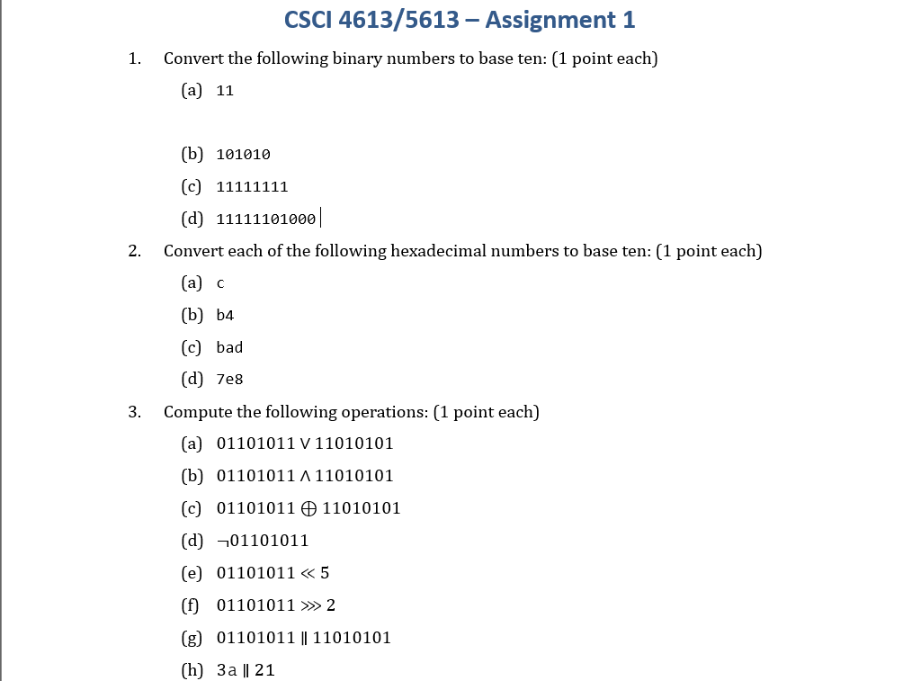 Solved CSCI 4613/5613 - ﻿Assignment 1Convert the following | Chegg.com