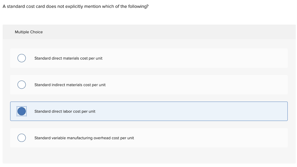 Solved A standard cost card does not explicitly mention | Chegg.com