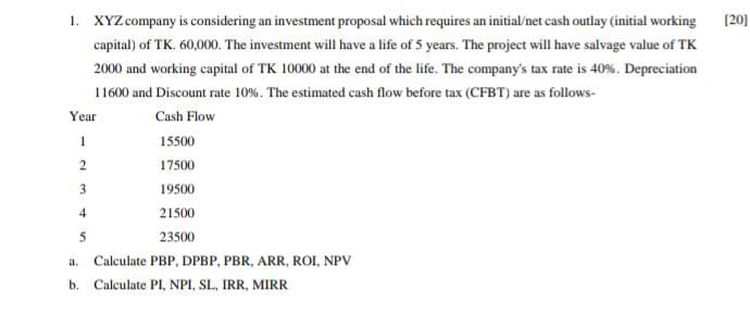 Solved XYZ company is considering an investment proposal | Chegg.com