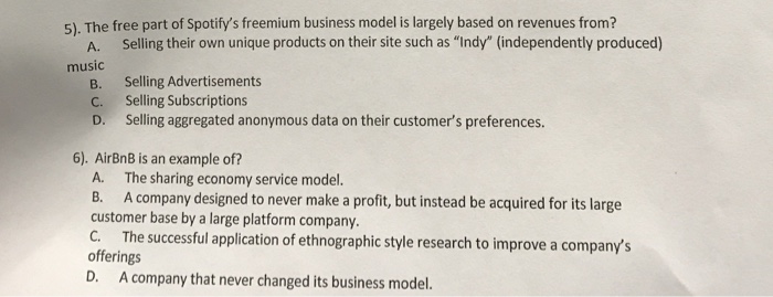 Solved The free part of Spotify's freemium business model is | Chegg.com