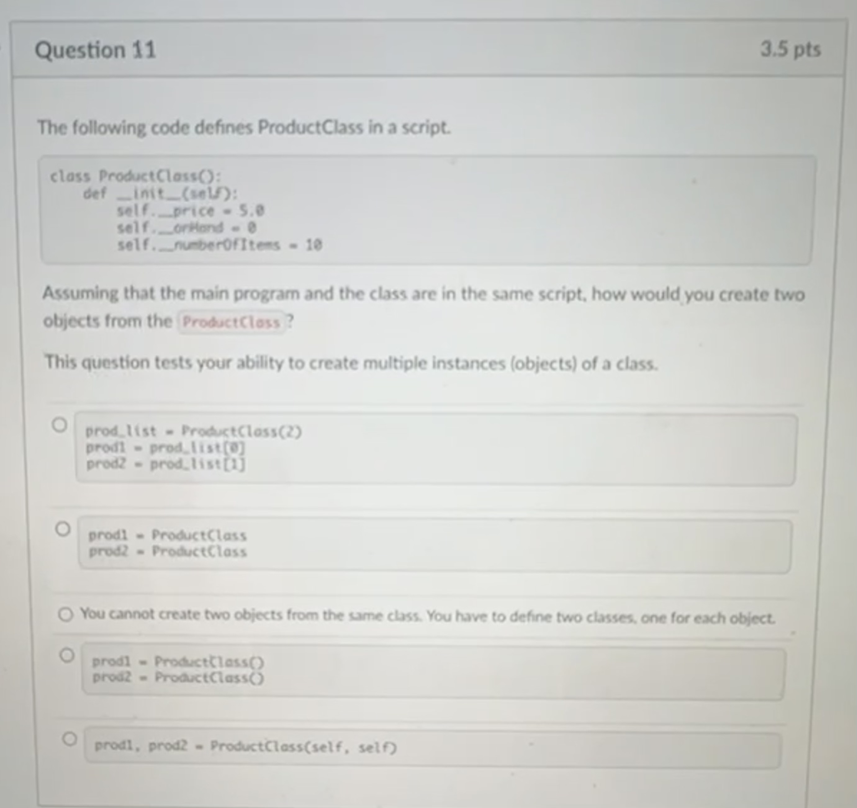Solved Question 11 The following code defines ProductClass | Chegg.com