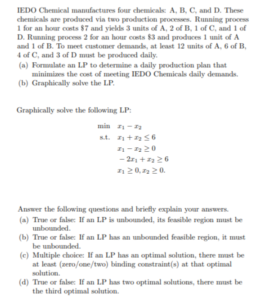 Solved IEDO Chemical manufactures four chemicals: A, B, C, | Chegg.com