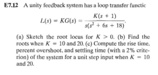 Solved E7.12 A unity feedback system has a loop transfer | Chegg.com