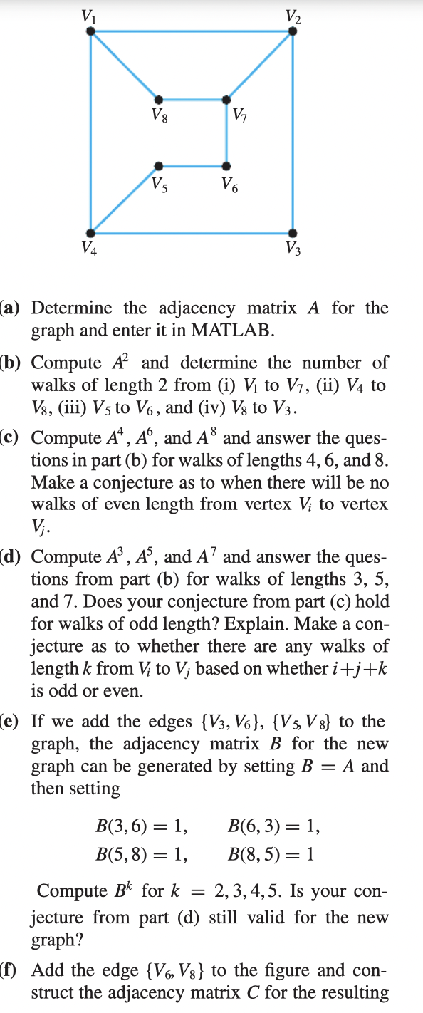 Solved V V2 8 V V5 V6 V4 V3 (a) Determine the adjacency | Chegg.com