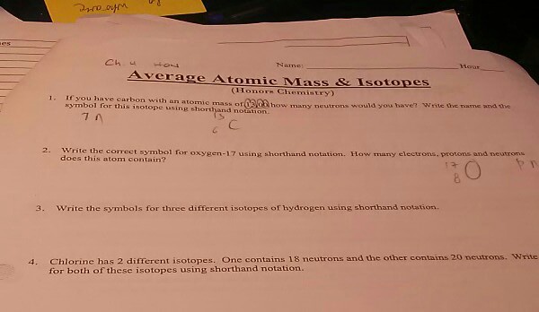 Solved Average Atomic Mass & Isotopes (Honorn Chemistry) 1. | Chegg.com