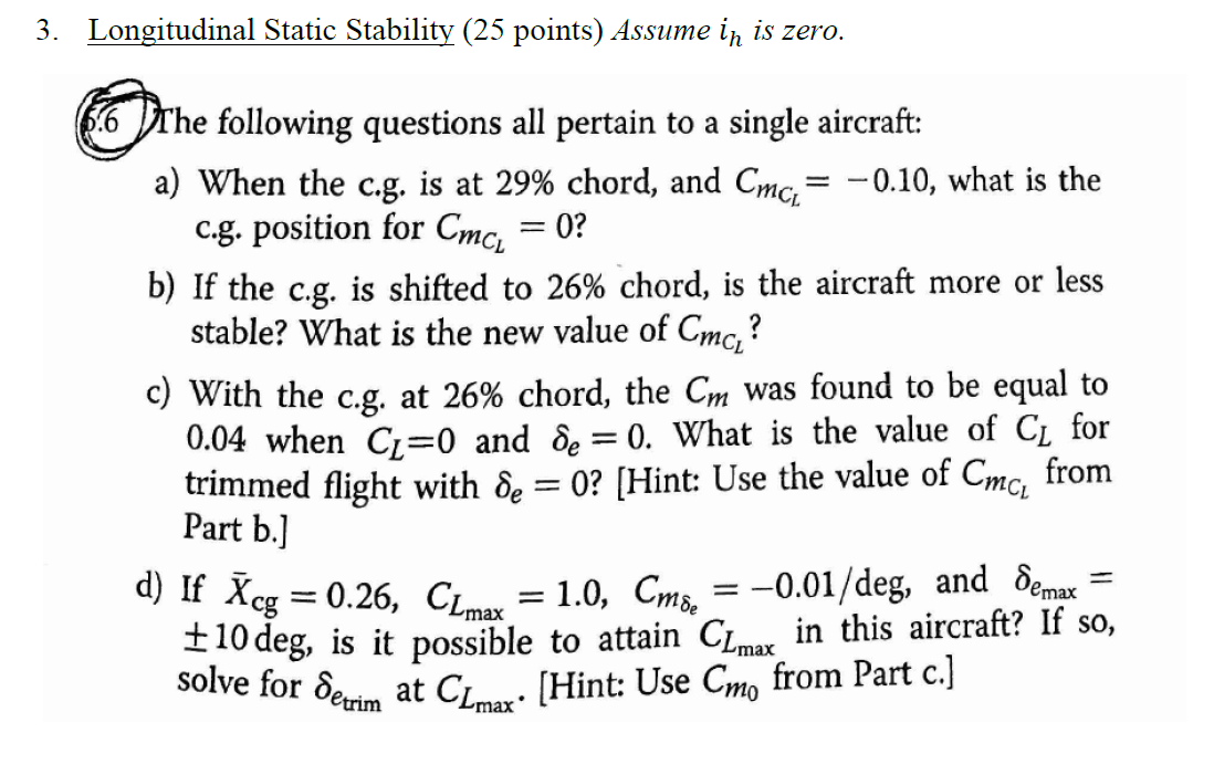 Solved 3. Longitudinal Static Stability (25 points) Assume | Chegg.com