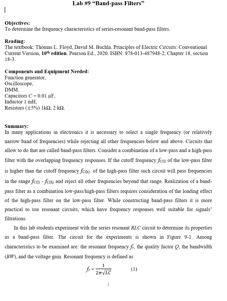 Lab #9 “Band-pass Filters” | Objectives: To determine | Chegg.com