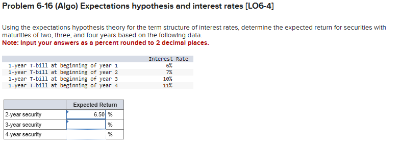 Solved Problem 6-16 (Algo) ﻿Expectations hypothesis and | Chegg.com