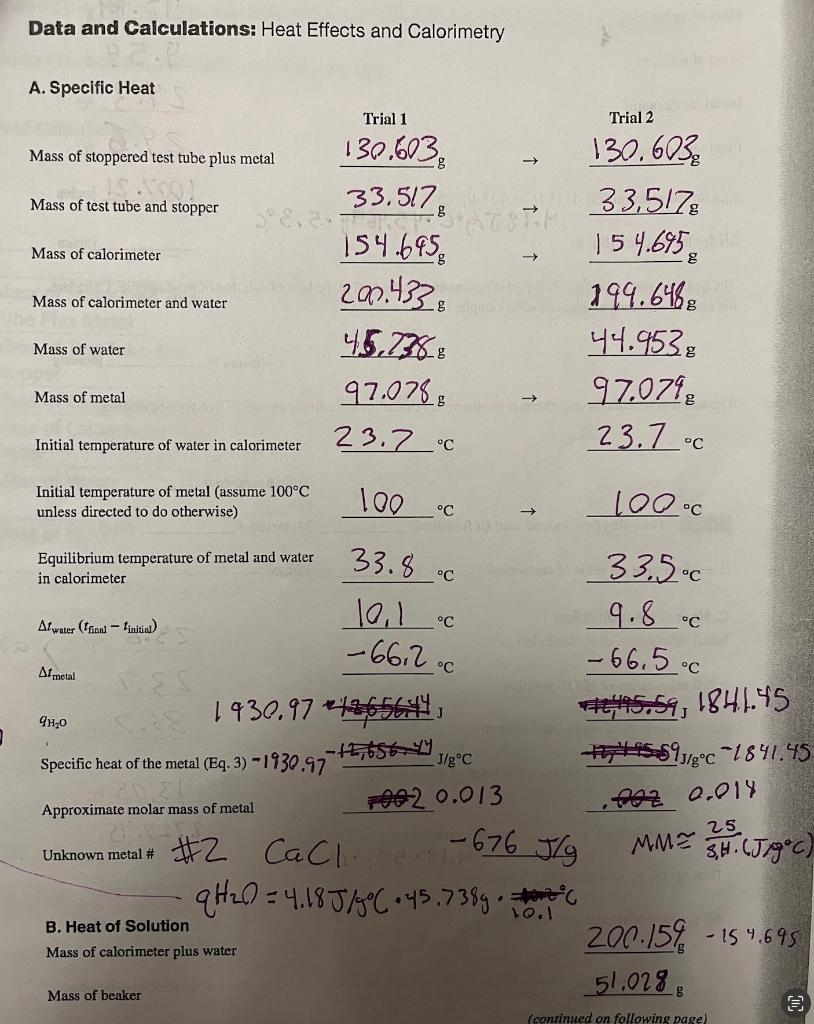 Solved need help with A) Specific Heat. The top few rows are | Chegg.com