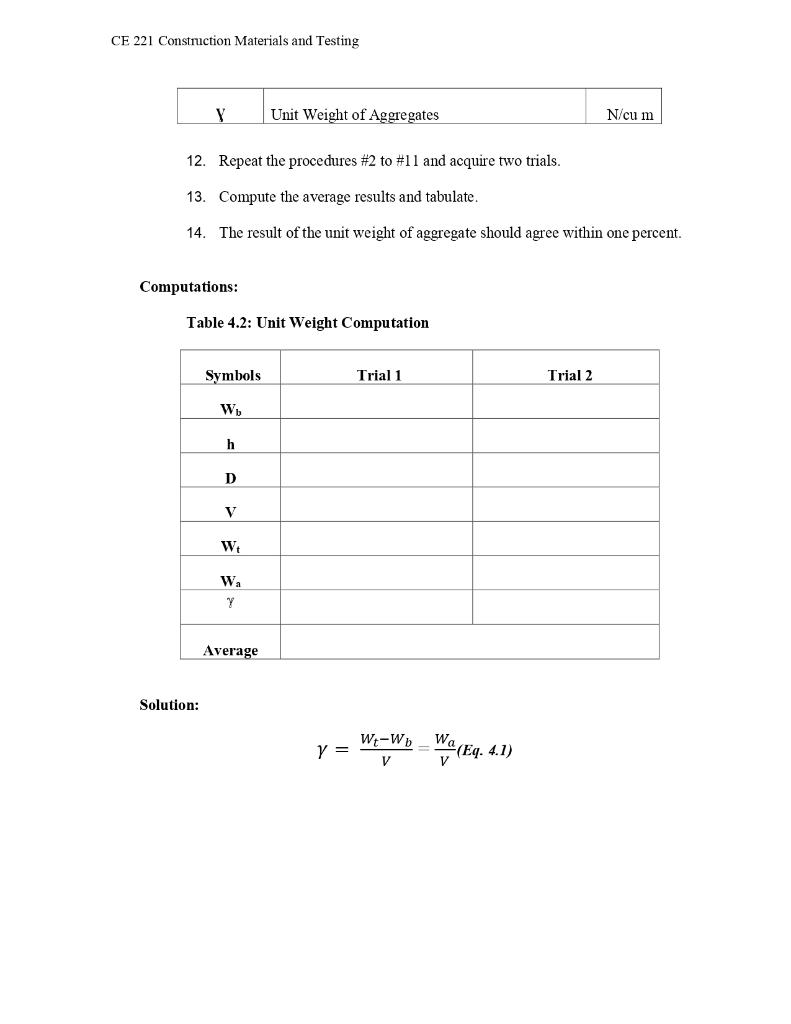 Solved UNIT WEIGHT OF COARSE AGGREGATES The unit weight is | Chegg.com
