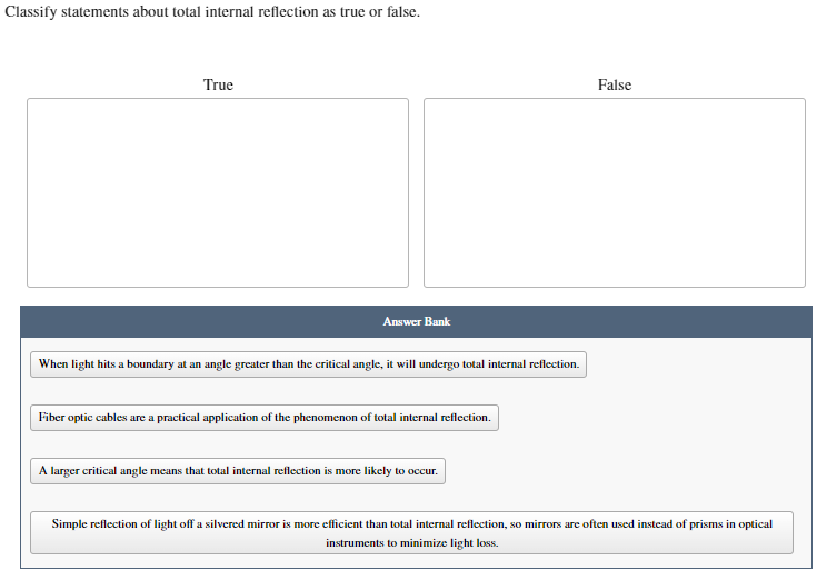 Solved Classify statements about total internal reflection | Chegg.com
