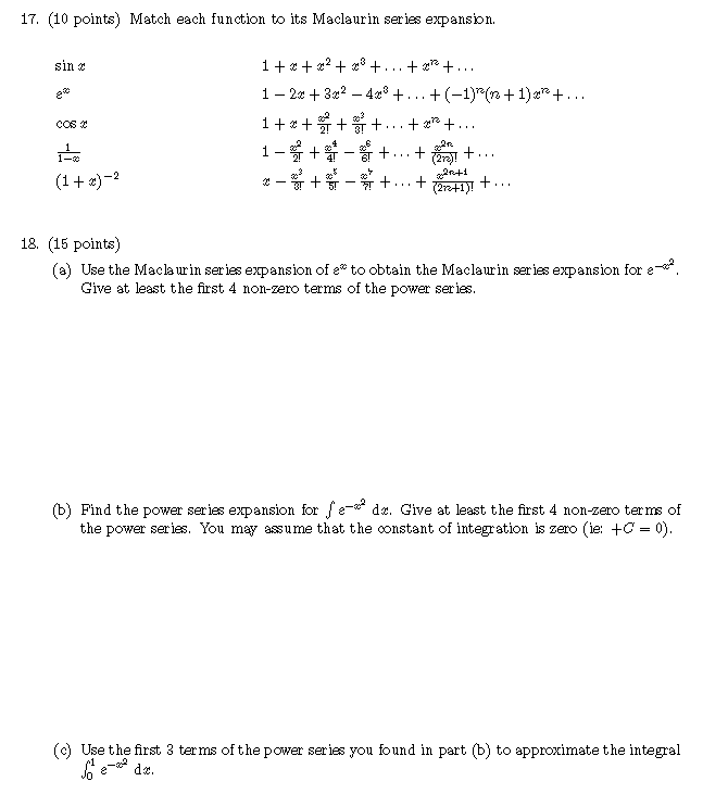 Solved 17. (10 points) Match each function to its Maclaurin | Chegg.com