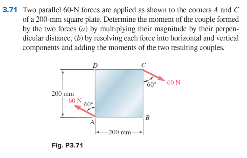 Solved 3.71 Two parallel 60-N forces are applied as shown to | Chegg.com Solved 3.71 Two parallel 60-N forces are applied as shown to | Chegg.com