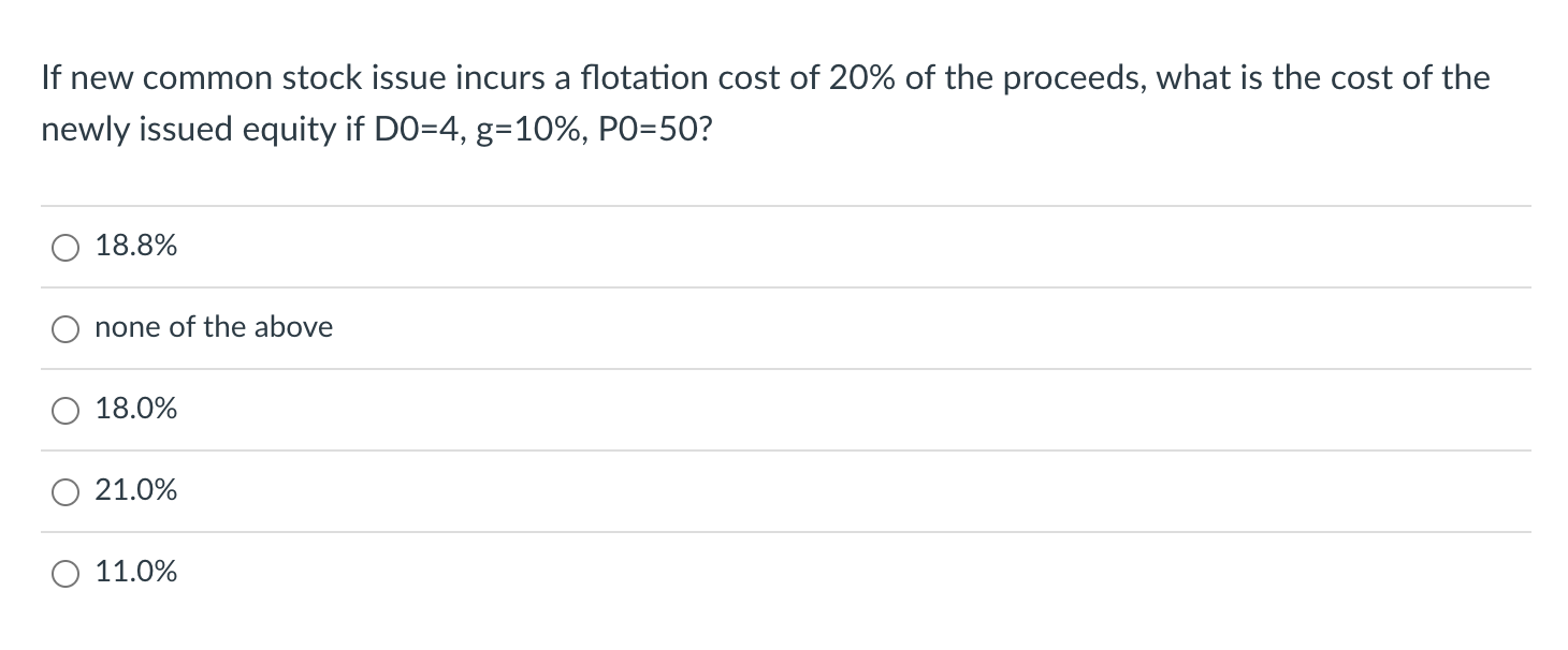 Solved If new common stock issue incurs a flotation cost of | Chegg.com