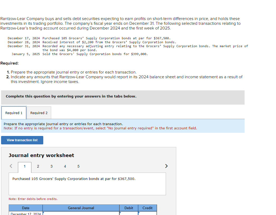 Rantzow-Lear Company buys and sells debt securities | Chegg.com
