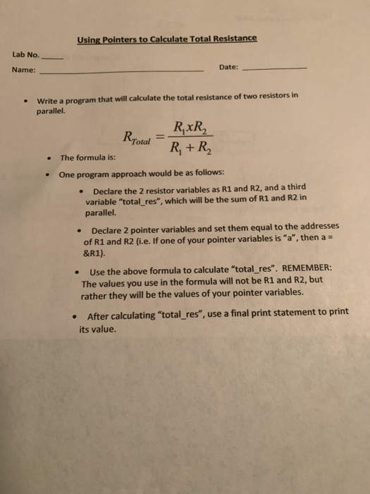 Solved Using Pointers to Calculate Total Resistance Lab No | Chegg.com