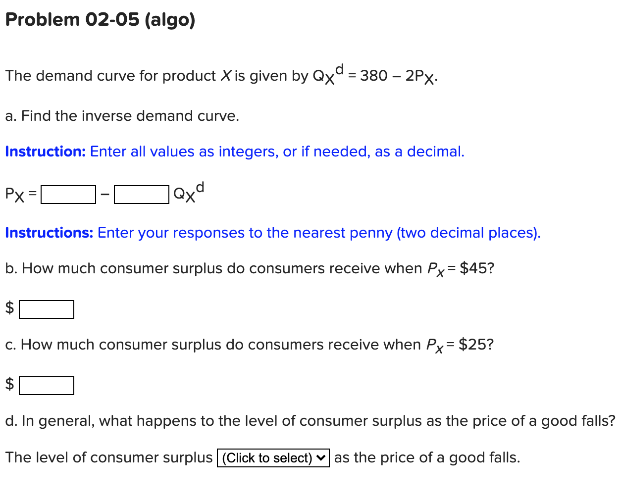 Solved Problem 02-05 (algo) The demand curve for product X | Chegg.com