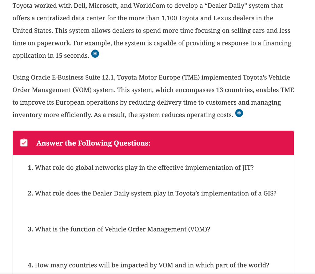 Solved Case Study 9-1. Global Information Systems at Toyota | Chegg.com