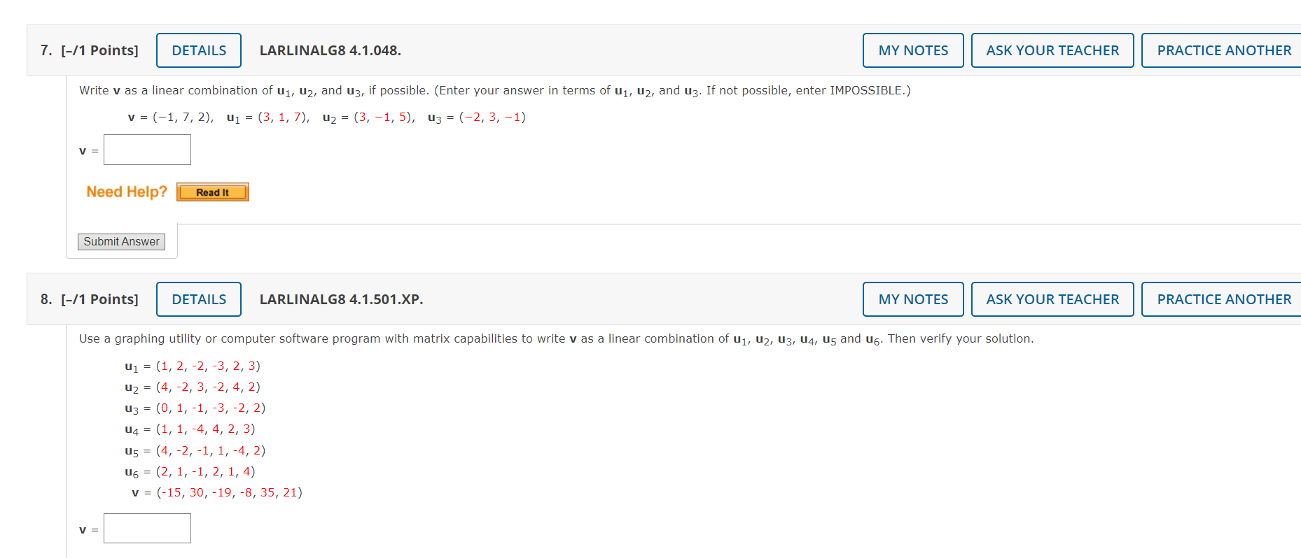 Solved [-/1 Points] LARLINALG8 4.1.048. Write v as a linear | Chegg.com