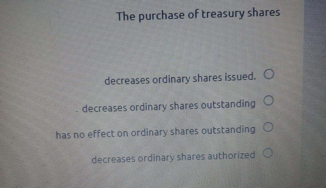 Solved The purchase of treasury shares decreases ordinary | Chegg.com