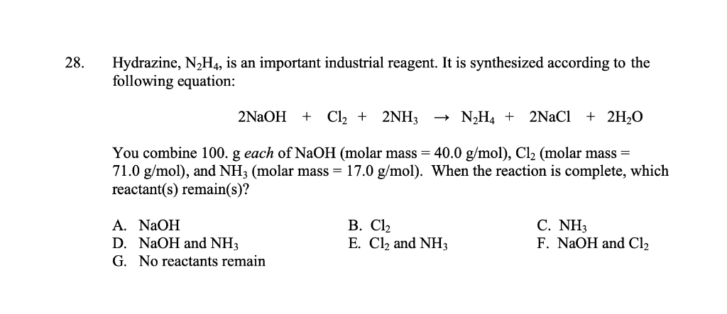 Solved 28. Hydrazine, N2H4, is an important industrial | Chegg.com