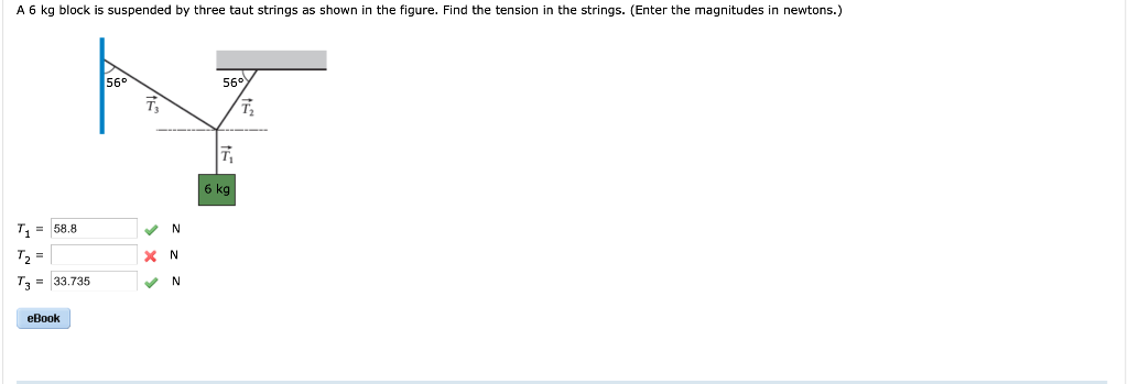 Solved A 6 kg block is suspended by three taut strings as | Chegg.com