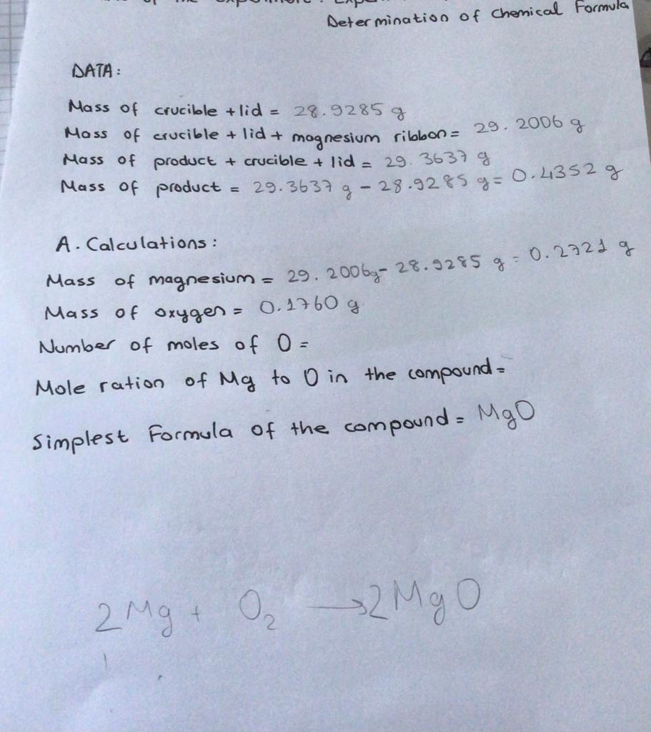 Solved Determination of chemical Formula DATA: g Mass of | Chegg.com