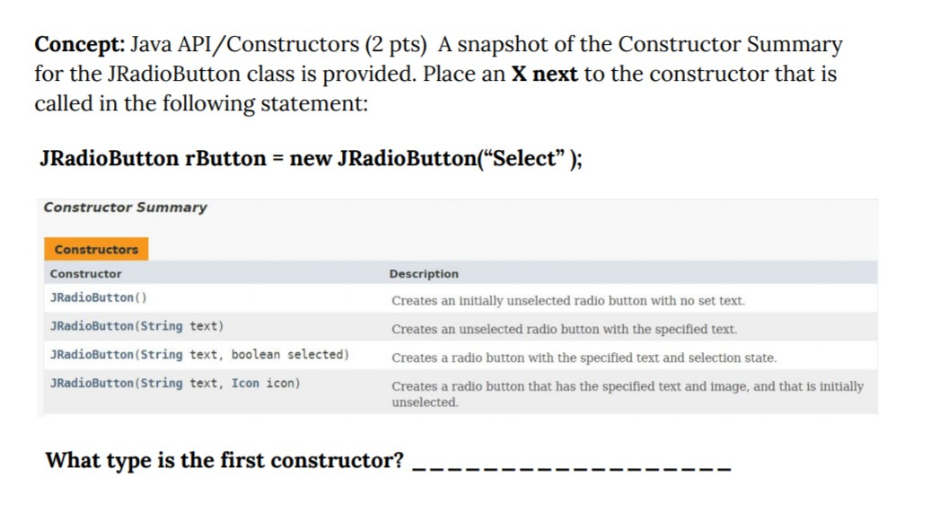 Solved Concept: Java API/Constructors (2 pts) A snapshot of | Chegg.com