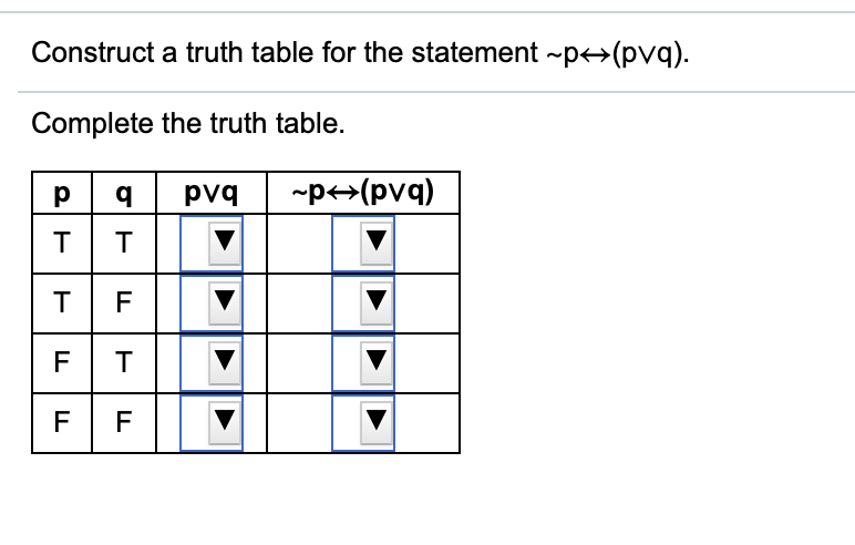 Solved Construct a truth table for the statement ~P(pvq). | Chegg.com