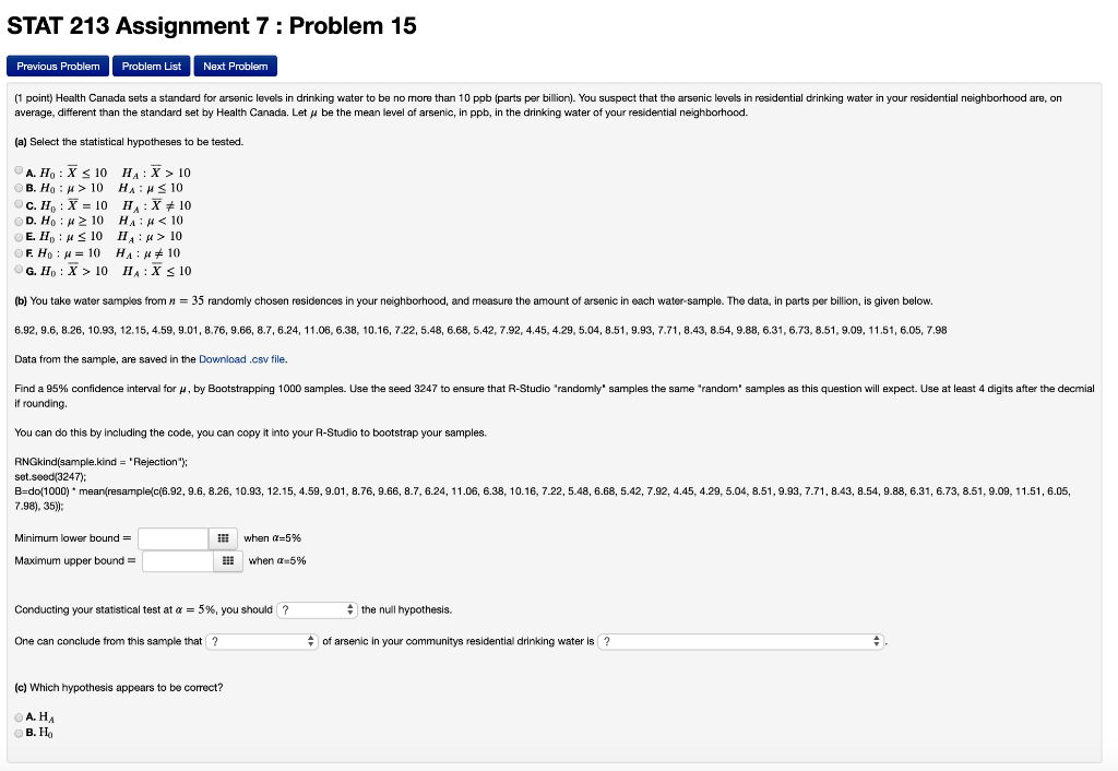 STAT 213 Assignment 7 : Problem 15 Previous Problem | Chegg.com