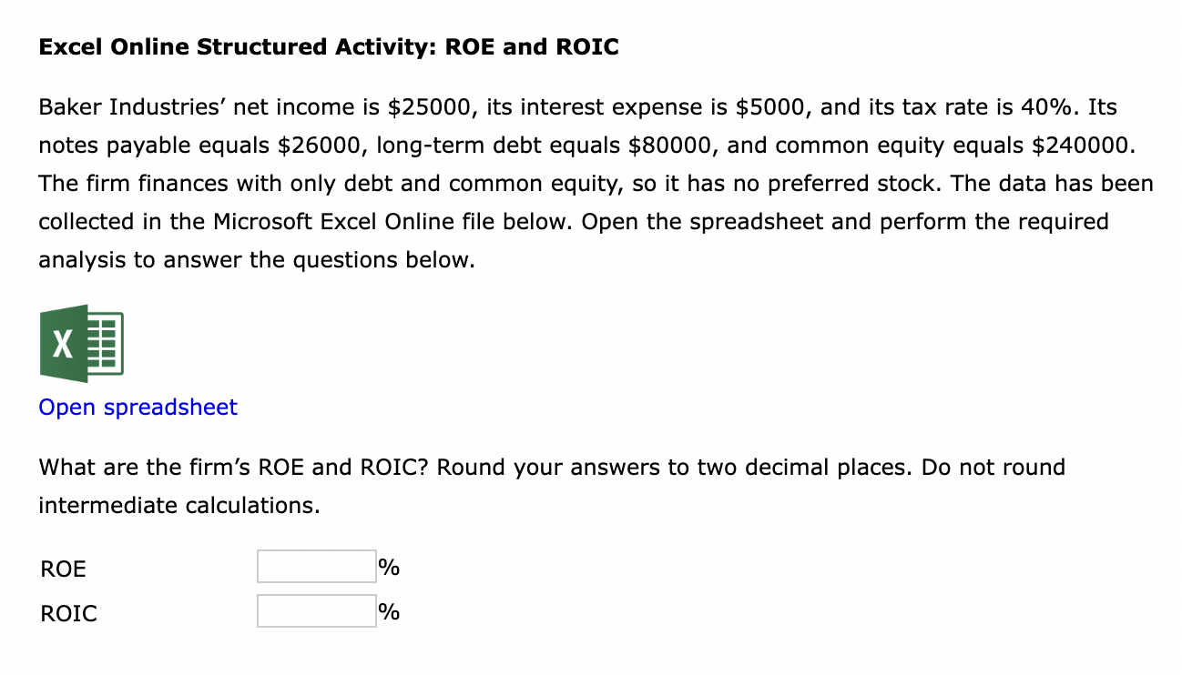 Solved Excel Online Structured Activity: ROE and ROIC Baker | Chegg.com