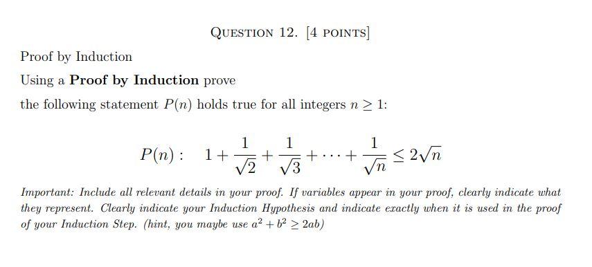Solved QUESTION 12. [4 POINTS] Proof by Induction Using a | Chegg.com