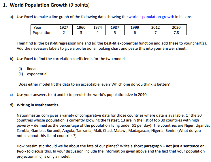 Solved 1. World Population Growth (9 points) a) Use Excel to | Chegg.com