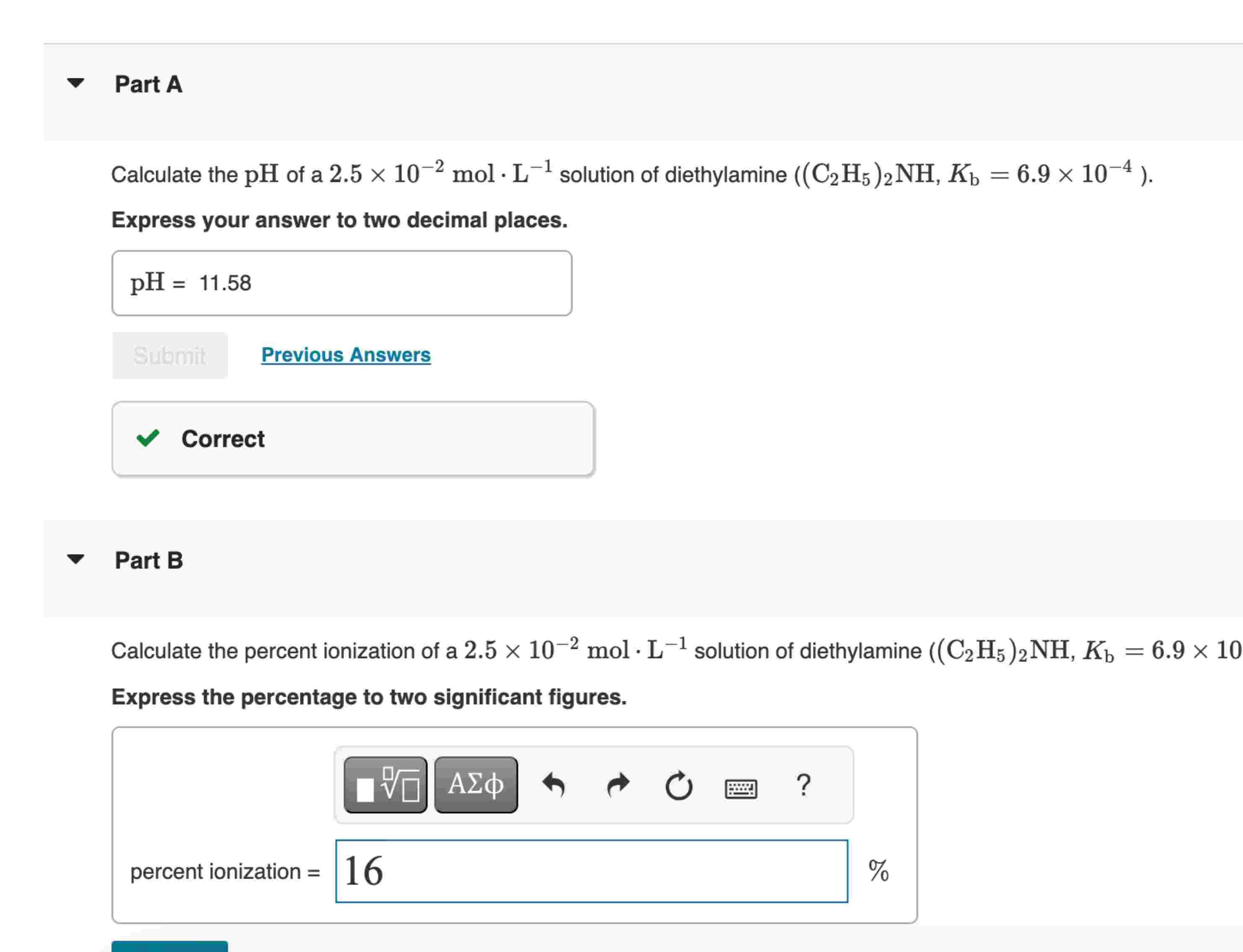 Solved Part ACalculate the pH of a 2.5×10-2mol*L-1 ﻿solution | Chegg.com