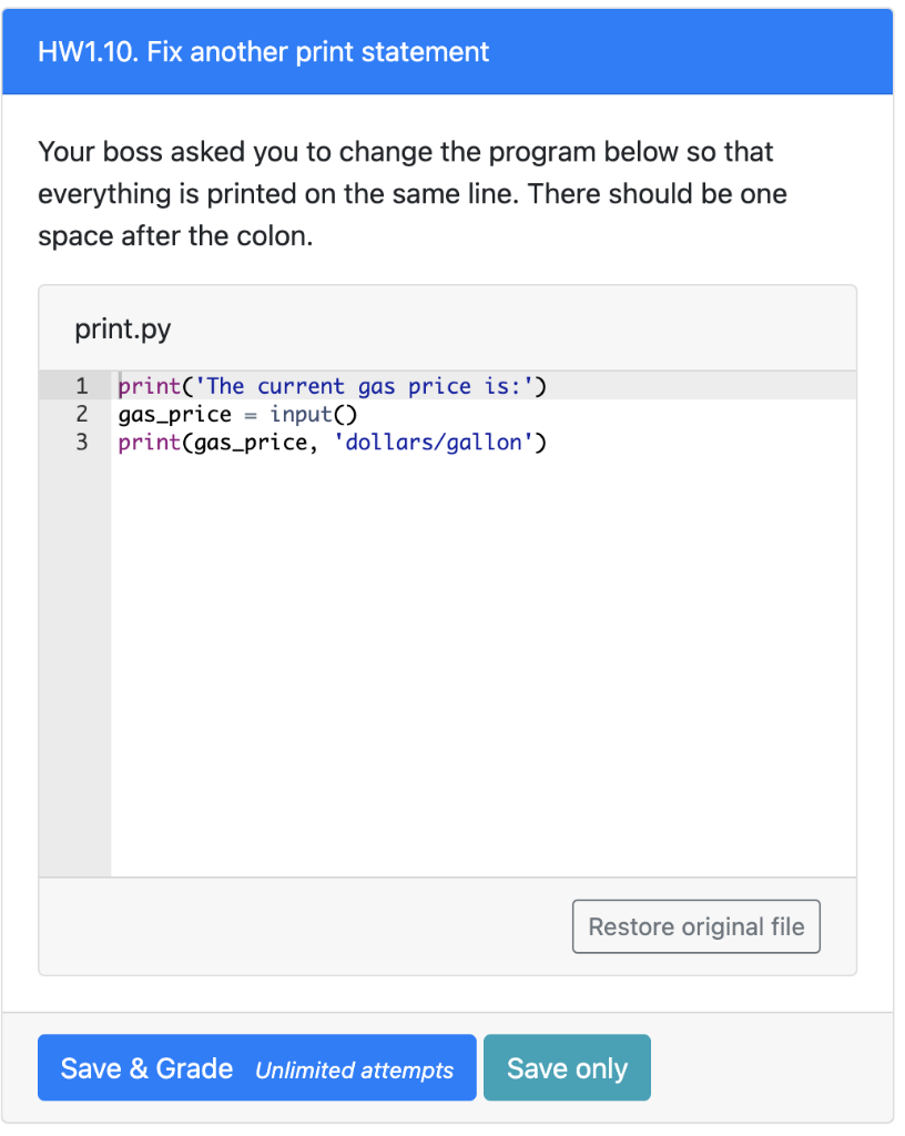 Solved HW1.10. Fix another print statement Your boss asked | Chegg.com