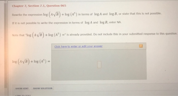 Solved Rewrite the expression log (A Squareroot B) + log | Chegg.com