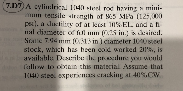 Solved ug 7.D7) A cylindrical 1040 steel rod having a mini | Chegg.com