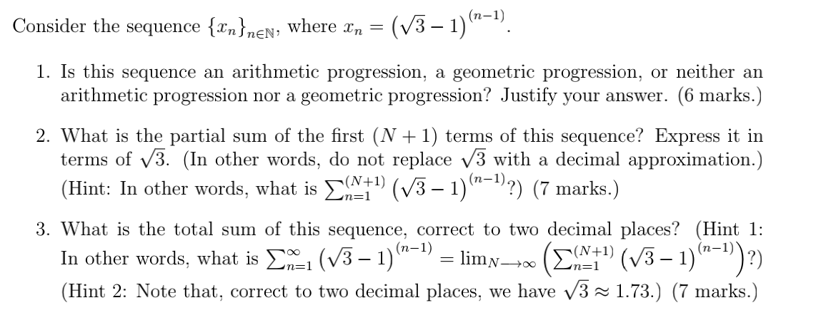 Solved Consider the sequence {en}nen, where In = (V3 – 1) | Chegg.com