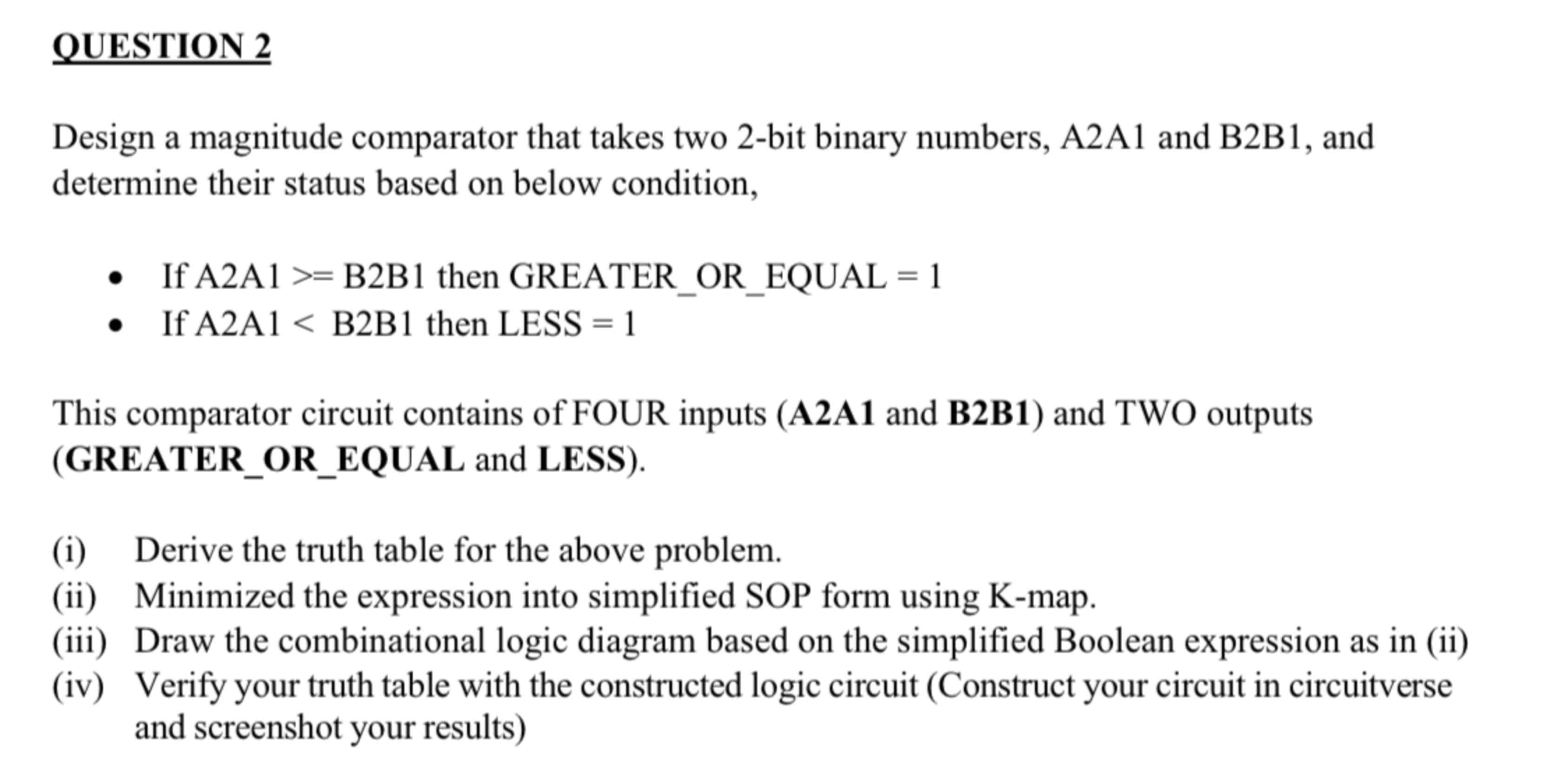 Solved OUESTION 2Design a magnitude comparator that takes | Chegg.com