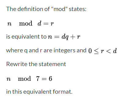 Solved The definition of "mod" states: n mod d=r is | Chegg.com