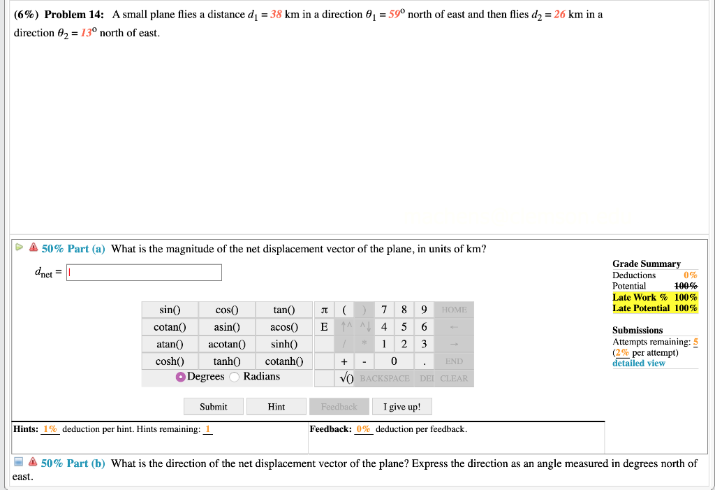 Solved (6%) Problem 14: A small plane flies a distance di = | Chegg.com