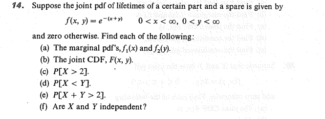 Solved 14. Suppose the joint pdf of lifetimes of a certain | Chegg.com