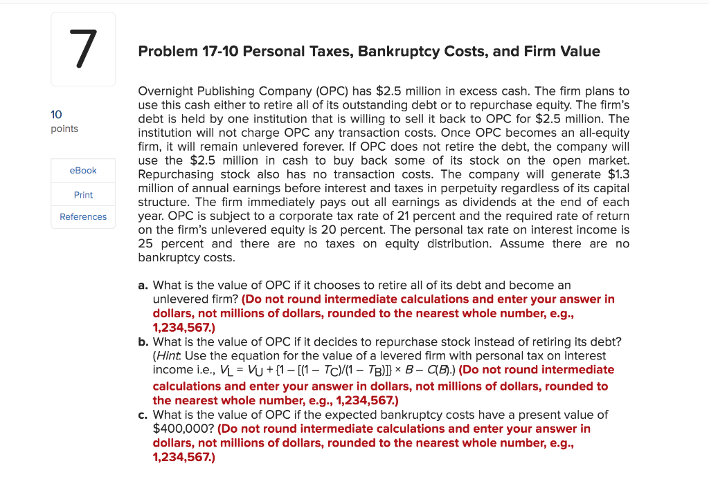 Solved Problem 17-10 Personal Taxes, Bankruptcy Costs, and | Chegg.com