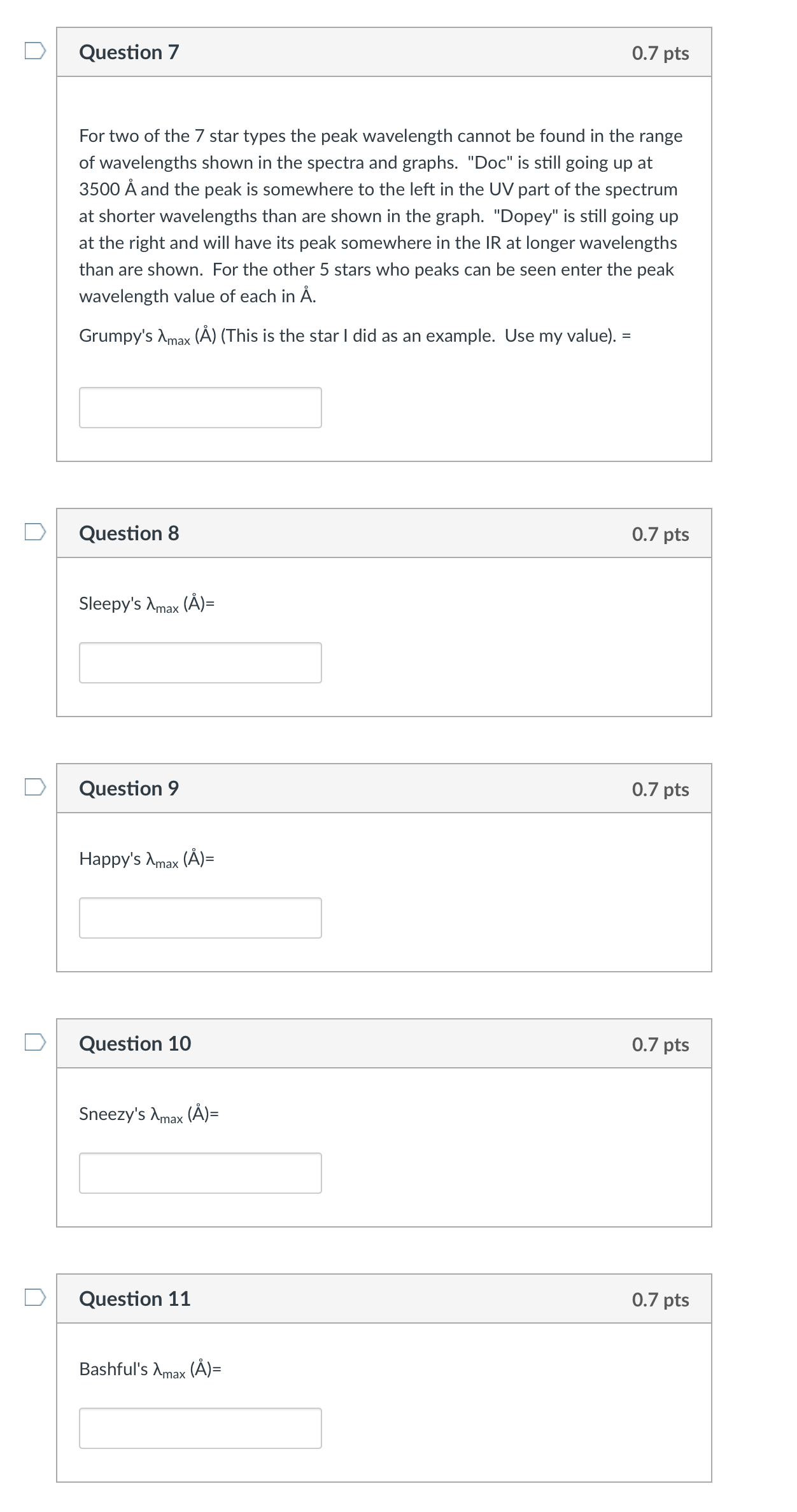 Solved For two of the 7 star types the peak wavelength | Chegg.com