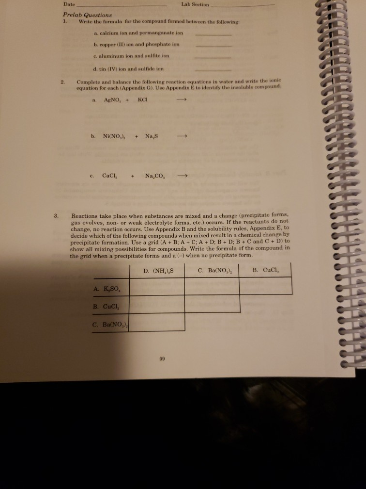 Solved Date Lab Section Prelab Questions 1. Write the | Chegg.com