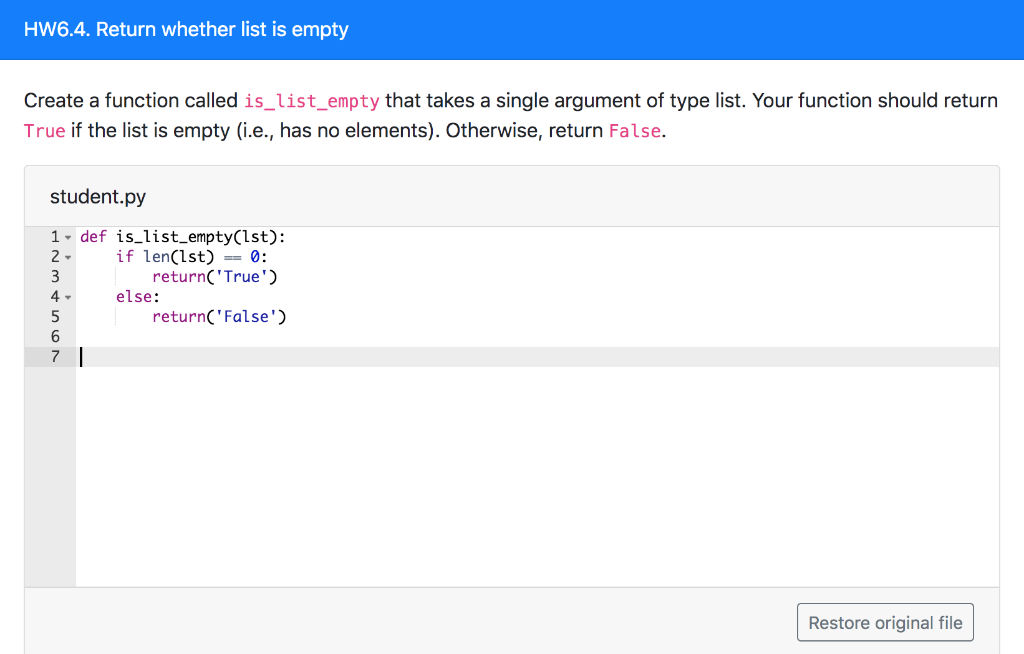 Solved HW6.4. Return whether list is empty Create a function | Chegg.com