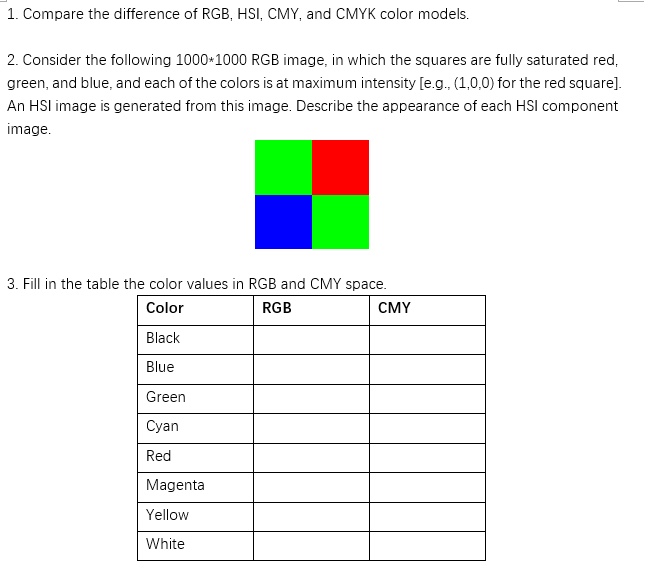 Solved 1. Compare the difference of RGB, HSI, CMY, and CMYK | Chegg.com