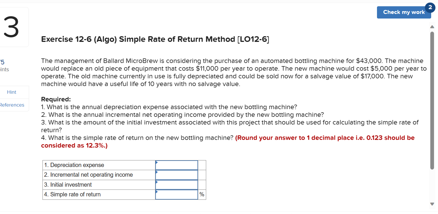 Solved Exercise 12-6 (Algo) ﻿Simple Rate of Return Method | Chegg.com
