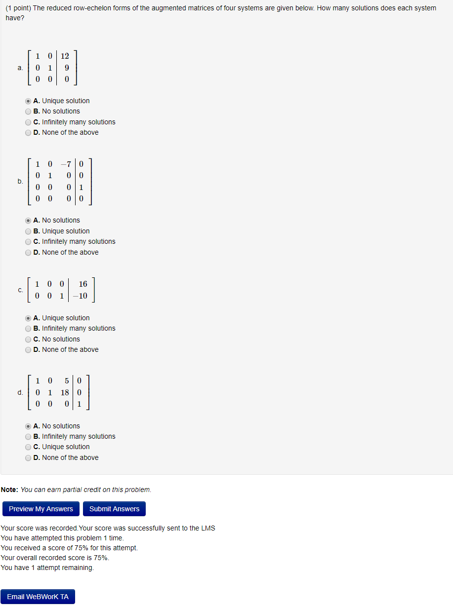 Solved (1 point) The reduced row-echelon forms of the | Chegg.com