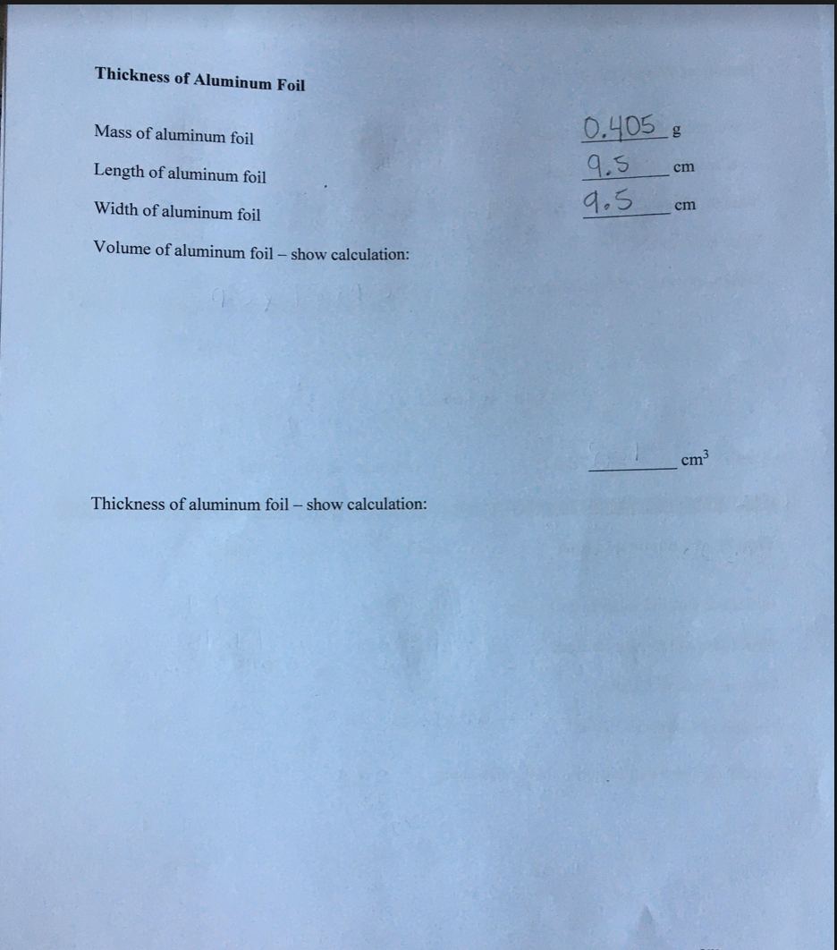 Solved Thickness of Aluminum Foil Mass of aluminum foil | Chegg.com